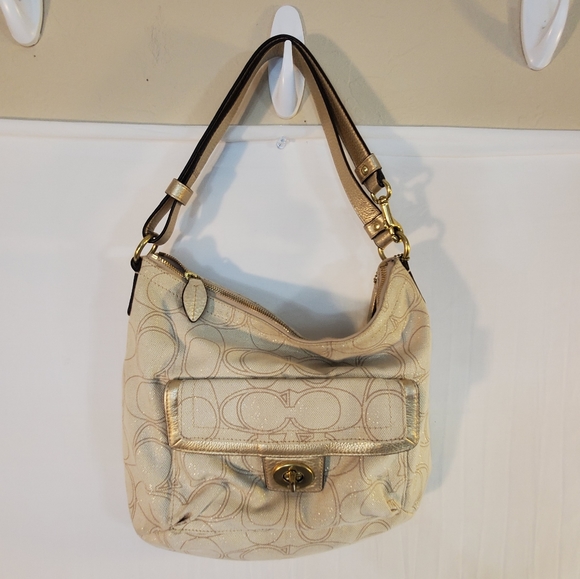 Coach | Bags | Coach Penelope Metallic Beige Linen And Leather ...